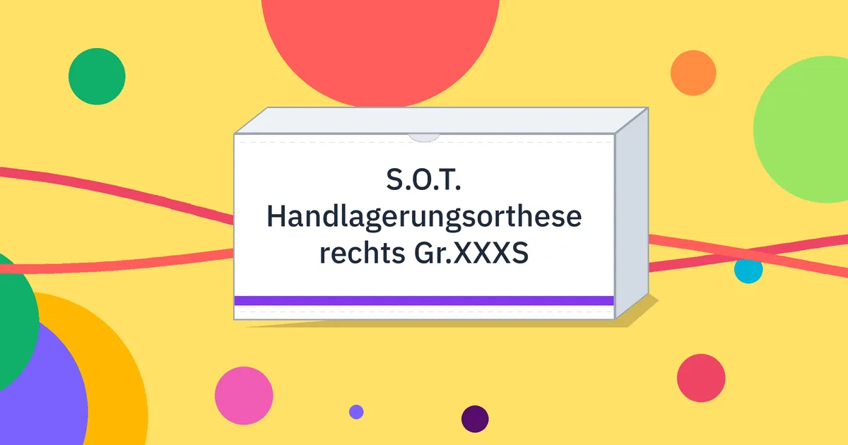 Symbolbild: Packung mit der Aufschrift S.O.T. Handlagerungsorthese rechts Gr.XXXS (PZN 15861972) – Verfügbarkeit und Bezug in Apotheken in Frankfurt am Main