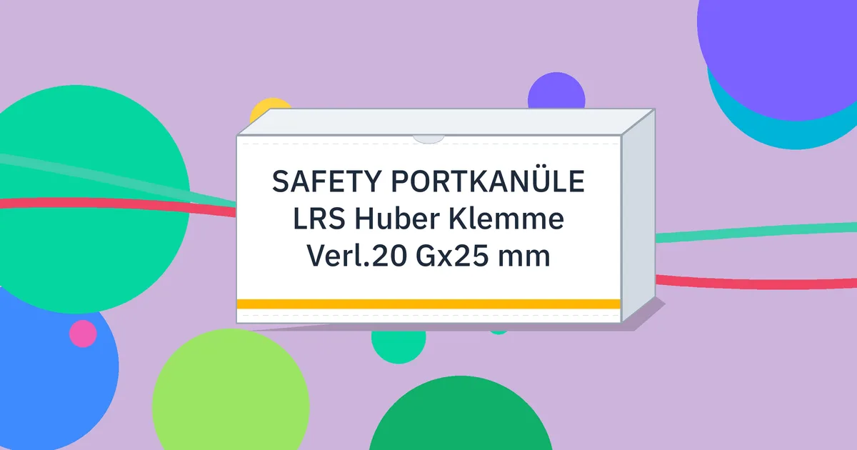 Symbolbild: Packung mit der Aufschrift SAFETY PORTKANÜLE LRS Huber Klemme Verl.20 Gx25 mm (PZN 16661927) – Verfügbarkeit und Bezug in Apotheken in Frankfurt am Main