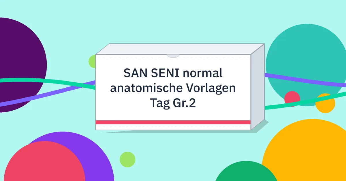 Symbolbild: Packung mit der Aufschrift SAN SENI normal anatomische Vorlagen Tag Gr.2 (PZN 01840676) – Verfügbarkeit und Bezug in Apotheken in Frankfurt am Main