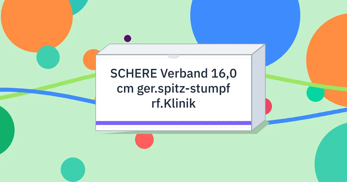 Symbolbild: Packung mit der Aufschrift SCHERE Verband 16,0 cm ger.spitz-stumpf rf.Klinik (PZN 19507658) – Verfügbarkeit und Bezug in Apotheken in Frankfurt am Main