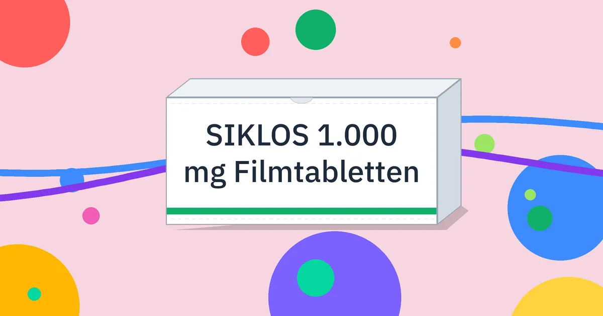 Symbolbild: Packung mit der Aufschrift SIKLOS 1.000 mg Filmtabletten (PZN 10516176) – Verfügbarkeit und Bezug in Apotheken in Frankfurt am Main