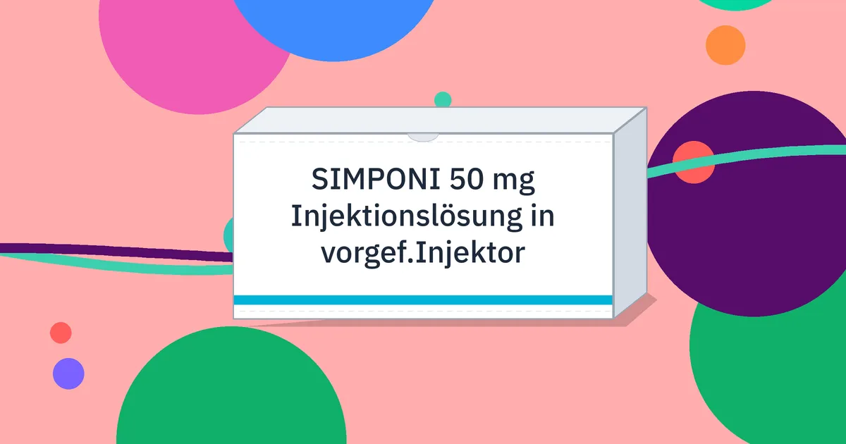 Symbolbild: Packung mit der Aufschrift SIMPONI 50 mg Injektionslösung in vorgef.Injektor (PZN 19555321) – Verfügbarkeit und Bezug in Apotheken in Frankfurt am Main