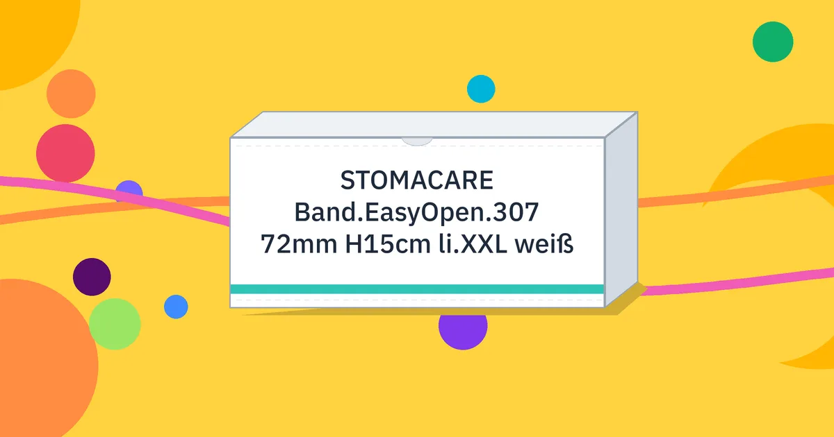 Symbolbild: Packung mit der Aufschrift STOMACARE Band.EasyOpen.307 72mm H15cm li.XXL weiß (PZN 07665530) – Verfügbarkeit und Bezug in Apotheken in Frankfurt am Main