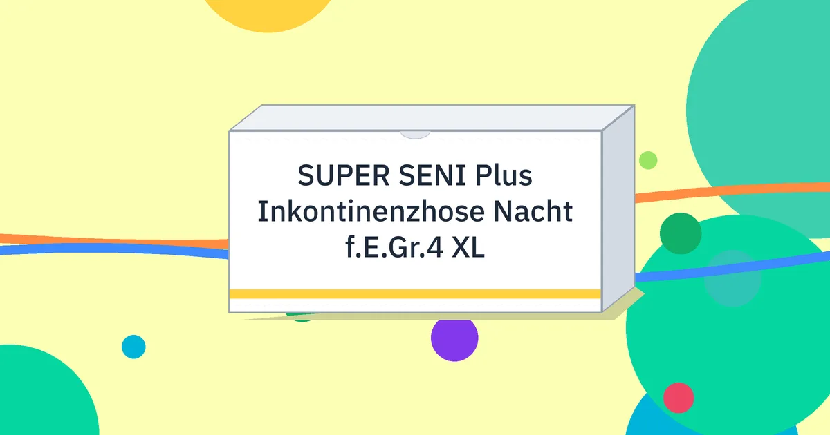 Symbolbild: Packung mit der Aufschrift SUPER SENI Plus Inkontinenzhose Nacht f.E.Gr.4 XL (PZN 12664567) – Verfügbarkeit und Bezug in Apotheken in Frankfurt am Main