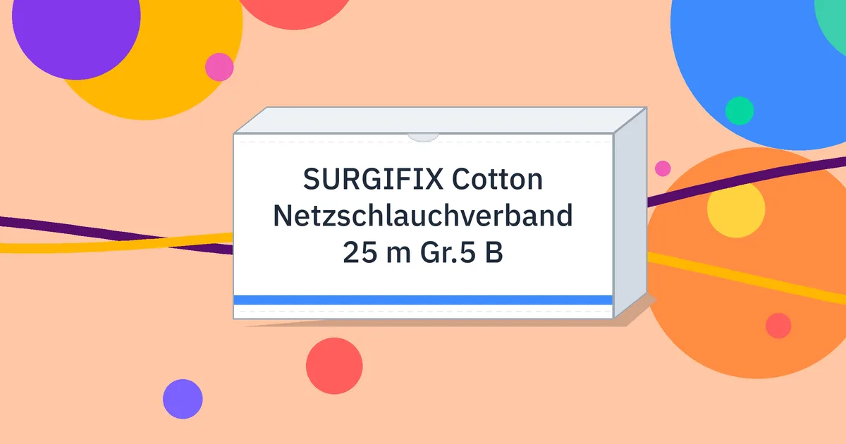 Symbolbild: Packung mit der Aufschrift SURGIFIX Cotton Netzschlauchverband 25 m Gr.5 B (PZN 18386371) – Verfügbarkeit und Bezug in Apotheken in Frankfurt am Main