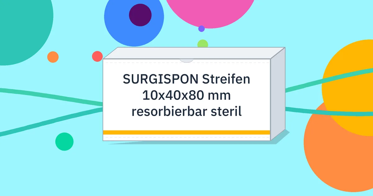 Symbolbild: Packung mit der Aufschrift SURGISPON Streifen 10x40x80 mm resorbierbar steril (PZN 18741180) – Verfügbarkeit und Bezug in Apotheken in Frankfurt am Main