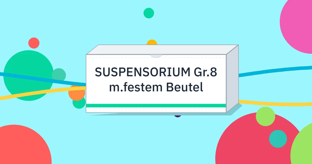 Symbolbild: Packung mit der Aufschrift SUSPENSORIUM Gr.8 m.festem Beutel (PZN 05399828) – Verfügbarkeit und Bezug in Apotheken in Frankfurt am Main