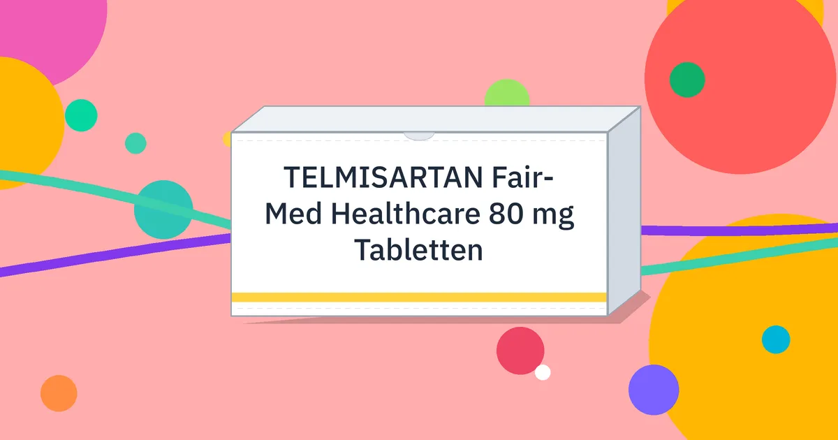Symbolbild: Packung mit der Aufschrift TELMISARTAN Fair-Med Healthcare 80 mg Tabletten (PZN 14321699) – Verfügbarkeit und Bezug in Apotheken in Frankfurt am Main