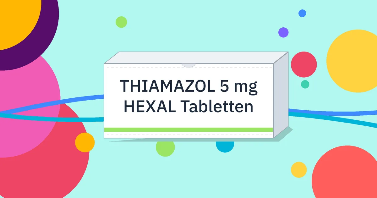 Symbolbild: Packung mit der Aufschrift THIAMAZOL 5 mg HEXAL Tabletten (PZN 01680617) – Verfügbarkeit und Bezug in Apotheken in Frankfurt am Main