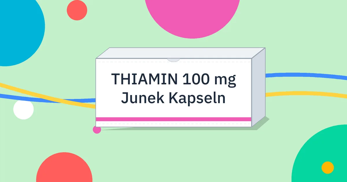 Symbolbild: Packung mit der Aufschrift THIAMIN 100 mg Junek Kapseln (PZN 20281538) – Verfügbarkeit und Bezug in Apotheken in Frankfurt am Main