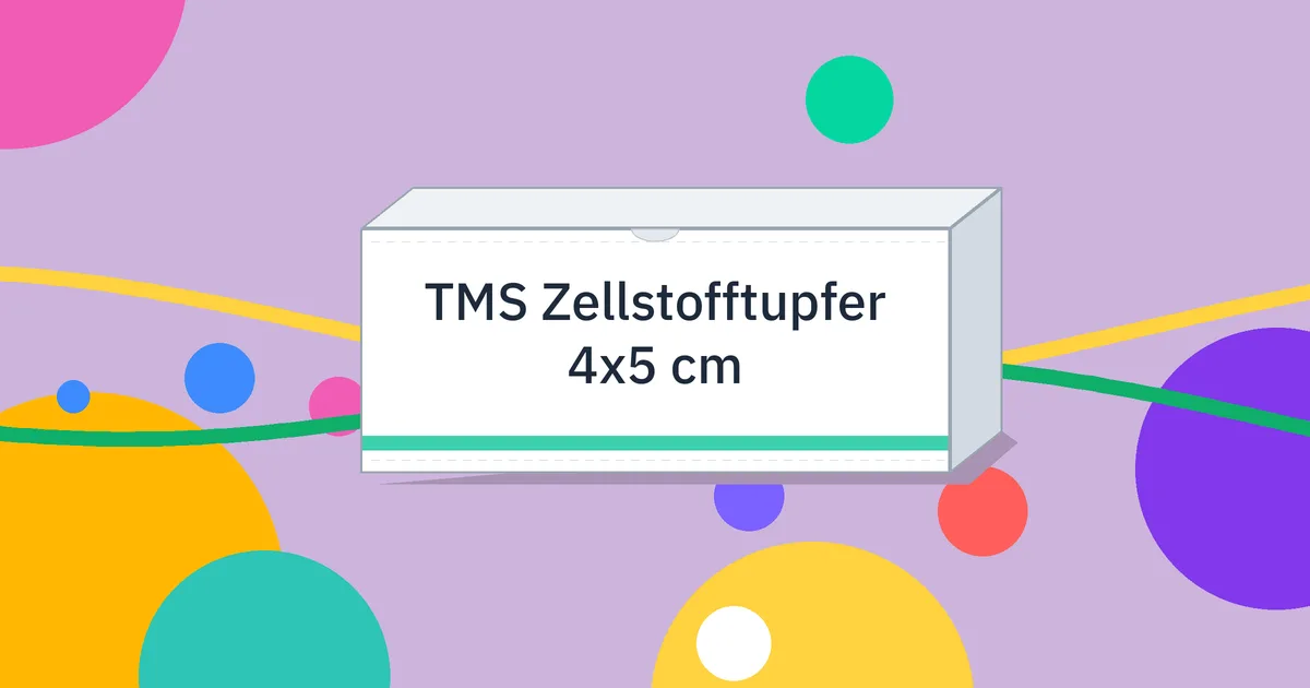 Symbolbild: Packung mit der Aufschrift TMS Zellstofftupfer 4x5 cm (PZN 18316956) – Verfügbarkeit und Bezug in Apotheken in Frankfurt am Main