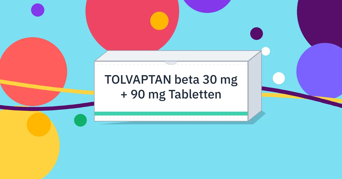 Symbolbild: Packung mit der Aufschrift TOLVAPTAN beta 30 mg + 90 mg Tabletten (PZN 19155403) – Verfügbarkeit und Bezug in Apotheken in Frankfurt am Main