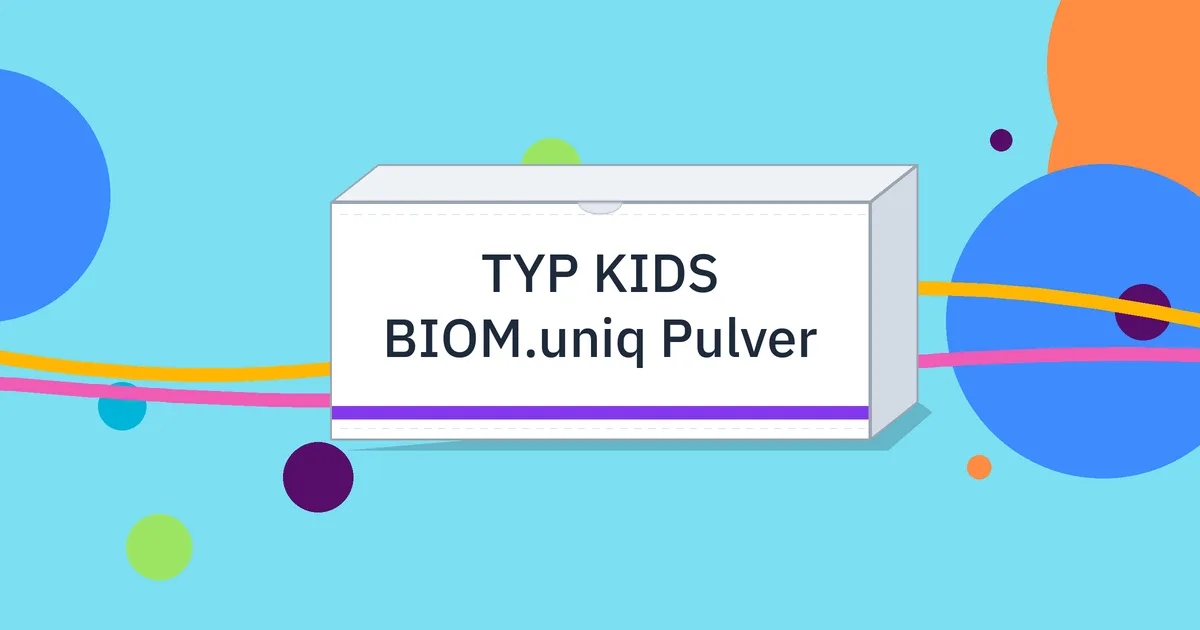Symbolbild: Packung mit der Aufschrift TYP KIDS BIOM.uniq Pulver (PZN 19662927) – Verfügbarkeit und Bezug in Apotheken in Frankfurt am Main