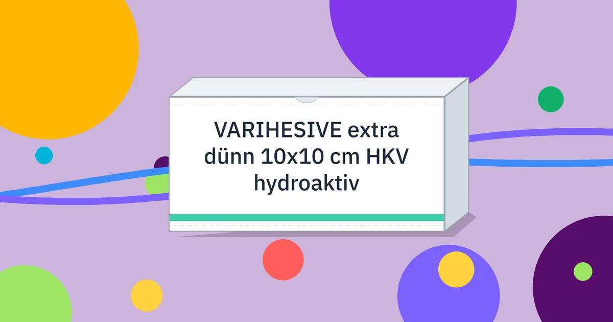Symbolbild: Packung mit der Aufschrift VARIHESIVE extra dünn 10x10 cm HKV hydroaktiv (PZN 14360179) – Verfügbarkeit und Bezug in Apotheken in Frankfurt am Main