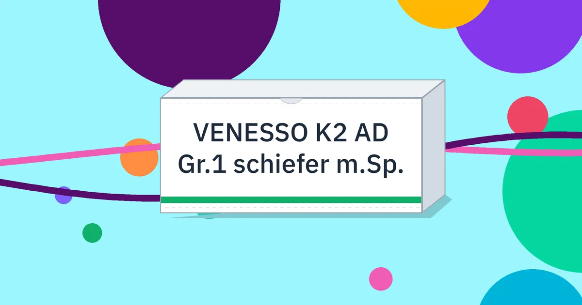Symbolbild: Packung mit der Aufschrift VENESSO K2 AD Gr.1 schiefer m.Sp. (PZN 03258288) – Verfügbarkeit und Bezug in Apotheken in Frankfurt am Main