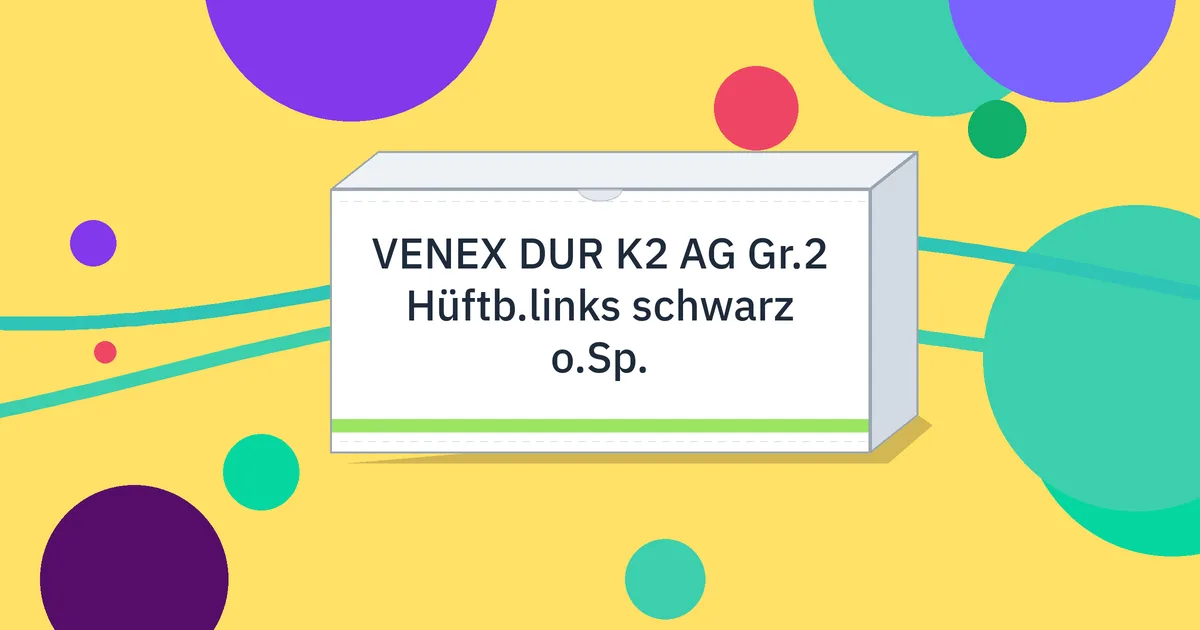 Symbolbild: Packung mit der Aufschrift VENEX DUR K2 AG Gr.2 Hüftb.links schwarz o.Sp. (PZN 03232403) – Verfügbarkeit und Bezug in Apotheken in Frankfurt am Main