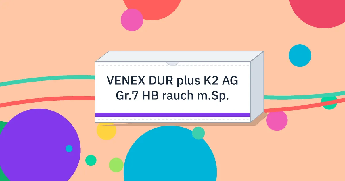 Symbolbild: Packung mit der Aufschrift VENEX DUR plus K2 AG Gr.7 HB rauch m.Sp. (PZN 03236200) – Verfügbarkeit und Bezug in Apotheken in Frankfurt am Main