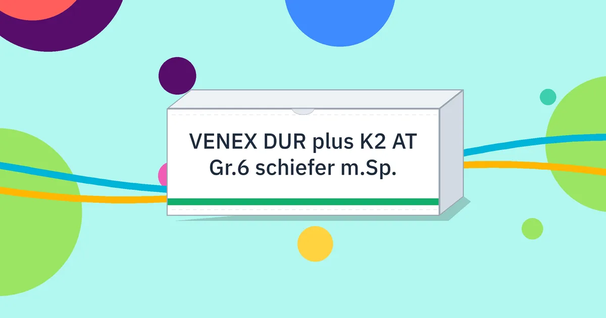 Symbolbild: Packung mit der Aufschrift VENEX DUR plus K2 AT Gr.6 schiefer m.Sp. (PZN 03234431) – Verfügbarkeit und Bezug in Apotheken in Frankfurt am Main