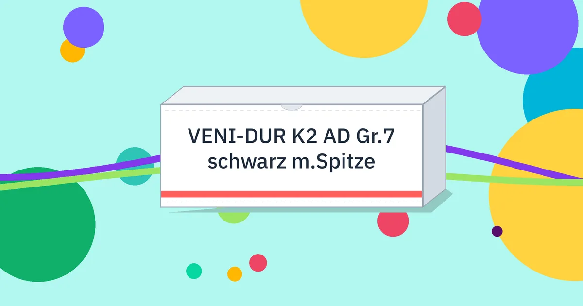 Symbolbild: Packung mit der Aufschrift VENI-DUR K2 AD Gr.7 schwarz m.Spitze (PZN 03243223) – Verfügbarkeit und Bezug in Apotheken in Frankfurt am Main