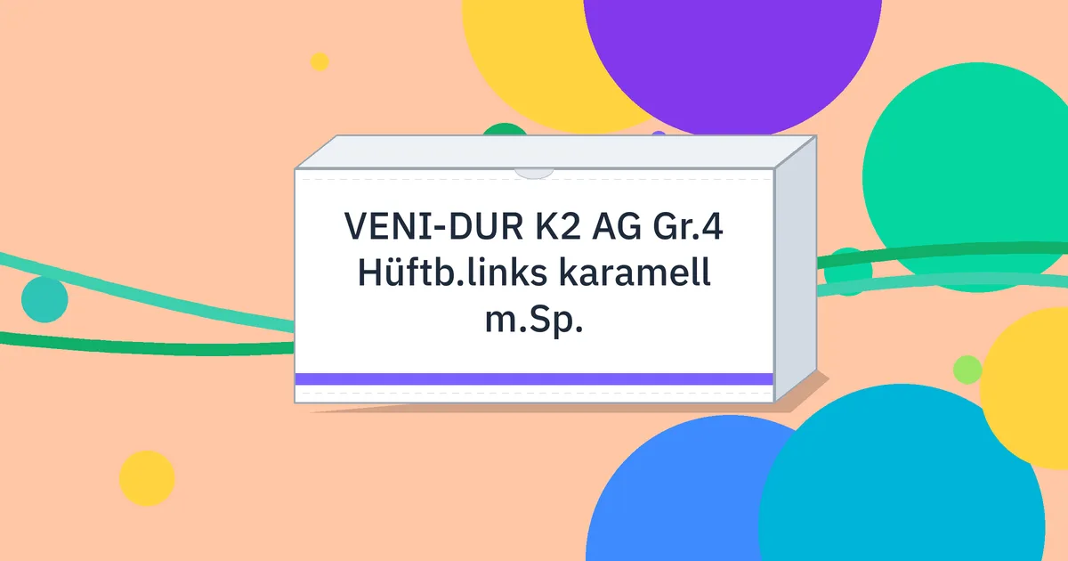 Symbolbild: Packung mit der Aufschrift VENI-DUR K2 AG Gr.4 Hüftb.links karamell m.Sp. (PZN 13760528) – Verfügbarkeit und Bezug in Apotheken in Frankfurt am Main