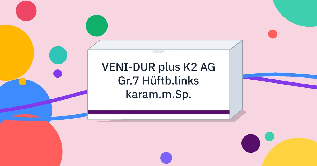 Symbolbild: Packung mit der Aufschrift VENI-DUR plus K2 AG Gr.7 Hüftb.links karam.m.Sp. (PZN 13760787) – Verfügbarkeit und Bezug in Apotheken in Frankfurt am Main
