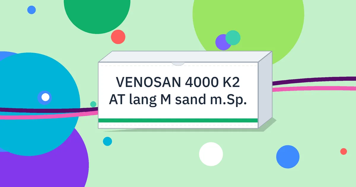 Symbolbild: Packung mit der Aufschrift VENOSAN 4000 K2 AT lang M sand m.Sp. (PZN 14422526) – Verfügbarkeit und Bezug in Apotheken in Frankfurt am Main