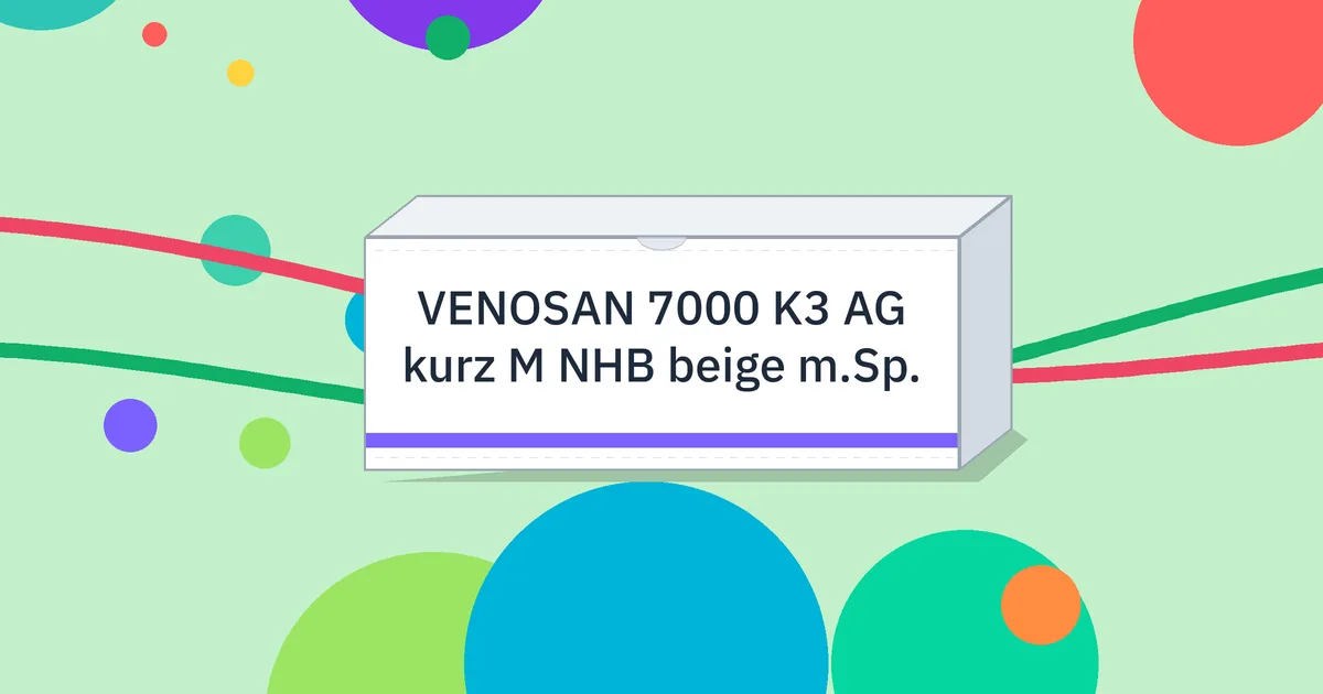 Symbolbild: Packung mit der Aufschrift VENOSAN 7000 K3 AG kurz M NHB beige m.Sp. (PZN 14435457) – Verfügbarkeit und Bezug in Apotheken in Frankfurt am Main