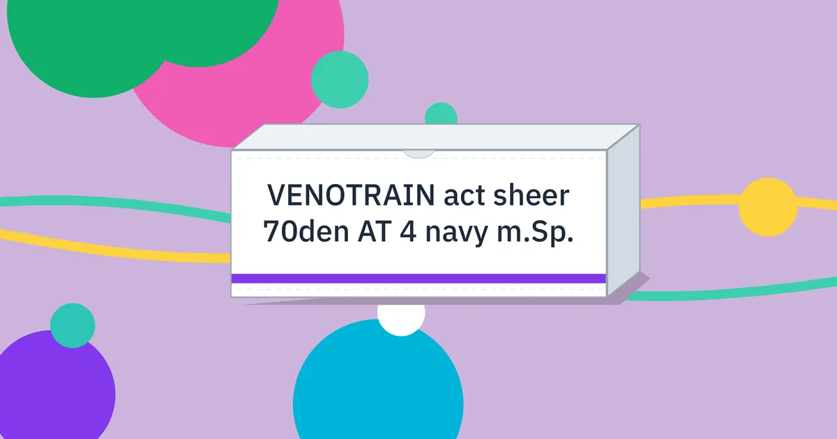 Symbolbild: Packung mit der Aufschrift VENOTRAIN act sheer 70den AT 4 navy m.Sp. (PZN 16206749) – Verfügbarkeit und Bezug in Apotheken in Frankfurt am Main