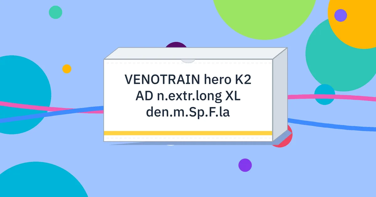 Symbolbild: Packung mit der Aufschrift VENOTRAIN hero K2 AD n.extr.long XL den.m.Sp.F.la (PZN 19191161) – Verfügbarkeit und Bezug in Apotheken in Frankfurt am Main