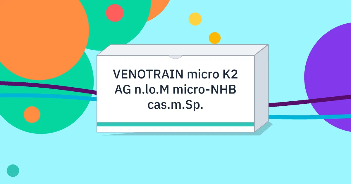 Symbolbild: Packung mit der Aufschrift VENOTRAIN micro K2 AG n.lo.M micro-NHB cas.m.Sp. (PZN 20758472) – Verfügbarkeit und Bezug in Apotheken in Frankfurt am Main