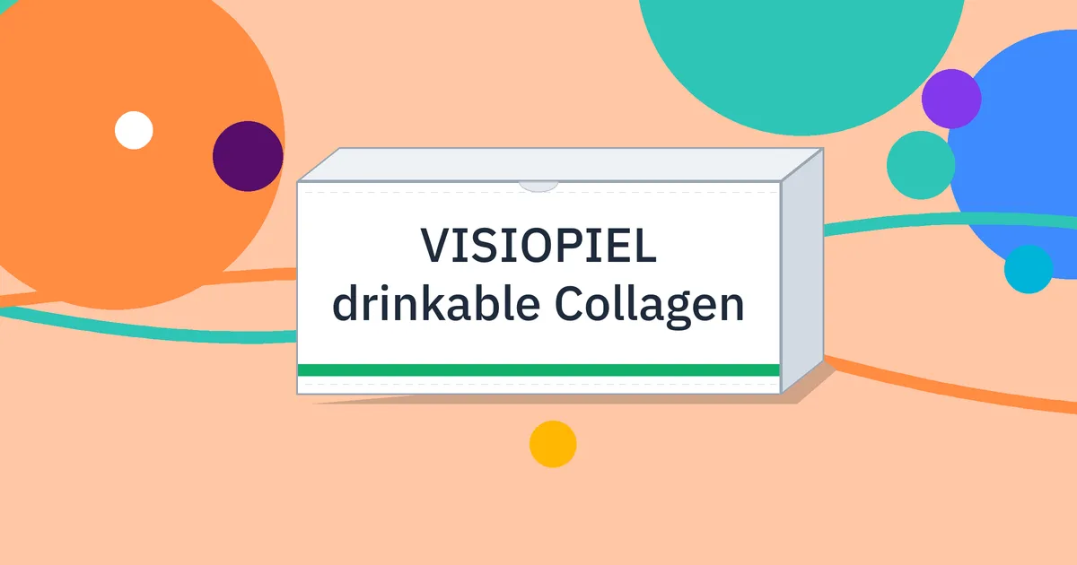 Symbolbild: Packung mit der Aufschrift VISIOPIEL drinkable Collagen (PZN 17240398) – Verfügbarkeit und Bezug in Apotheken in Frankfurt am Main