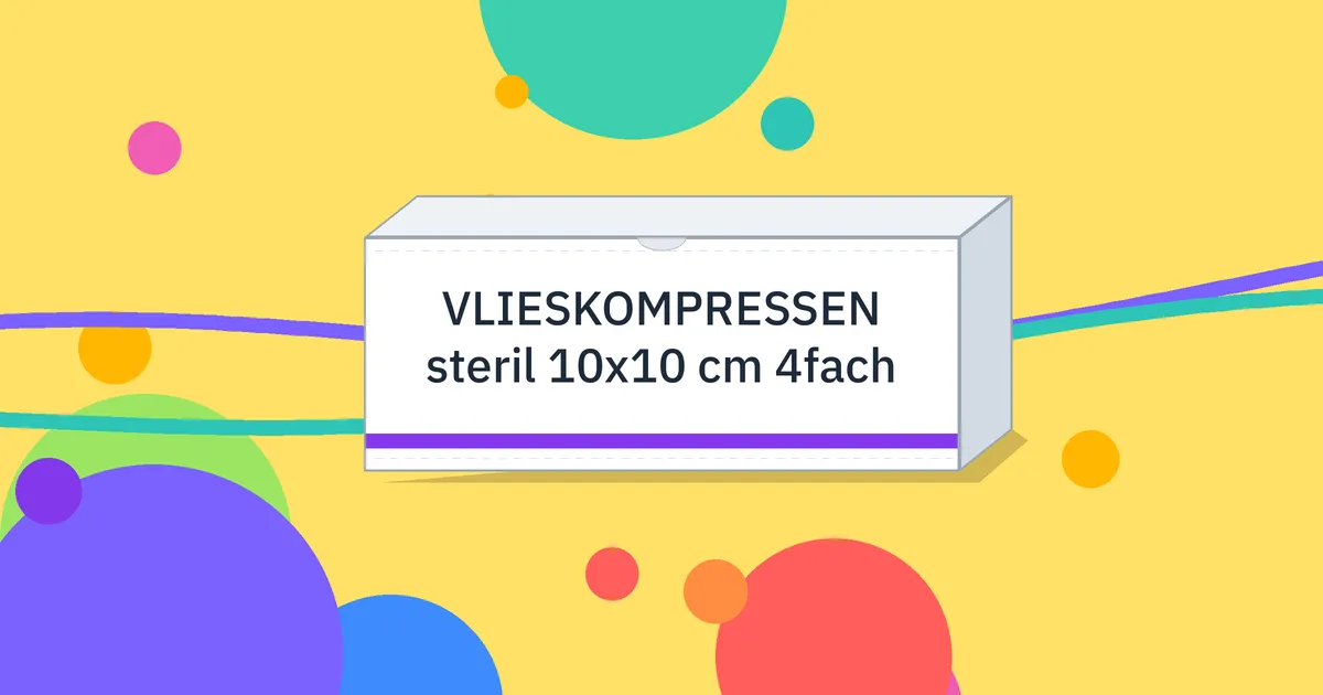 Symbolbild: Packung mit der Aufschrift VLIESKOMPRESSEN steril 10x10 cm 4fach (PZN 18020894) – Verfügbarkeit und Bezug in Apotheken in Frankfurt am Main