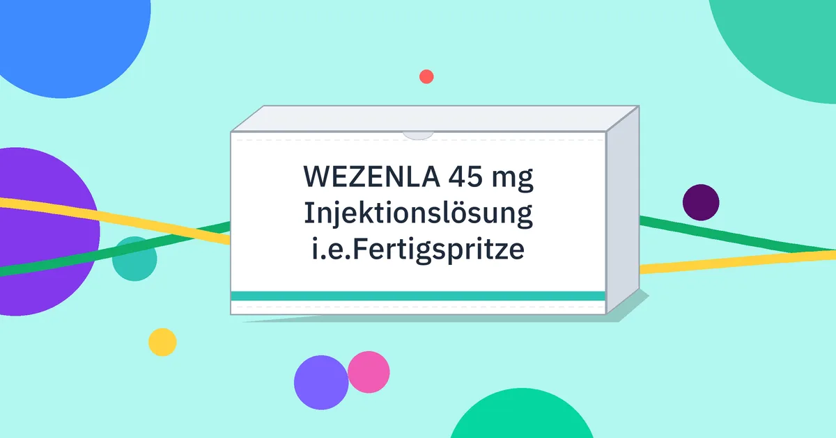 Symbolbild: Packung mit der Aufschrift WEZENLA 45 mg Injektionslösung i.e.Fertigspritze (PZN 19977708) – Verfügbarkeit und Bezug in Apotheken in Frankfurt am Main
