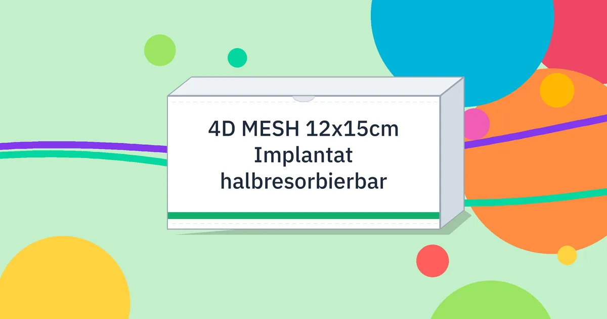 Symbolbild: Packung mit der Aufschrift 4D MESH 12x15cm Implantat halbresorbierbar (PZN 19504453) – Verfügbarkeit und Bezug in Apotheken in Frankfurt am Main