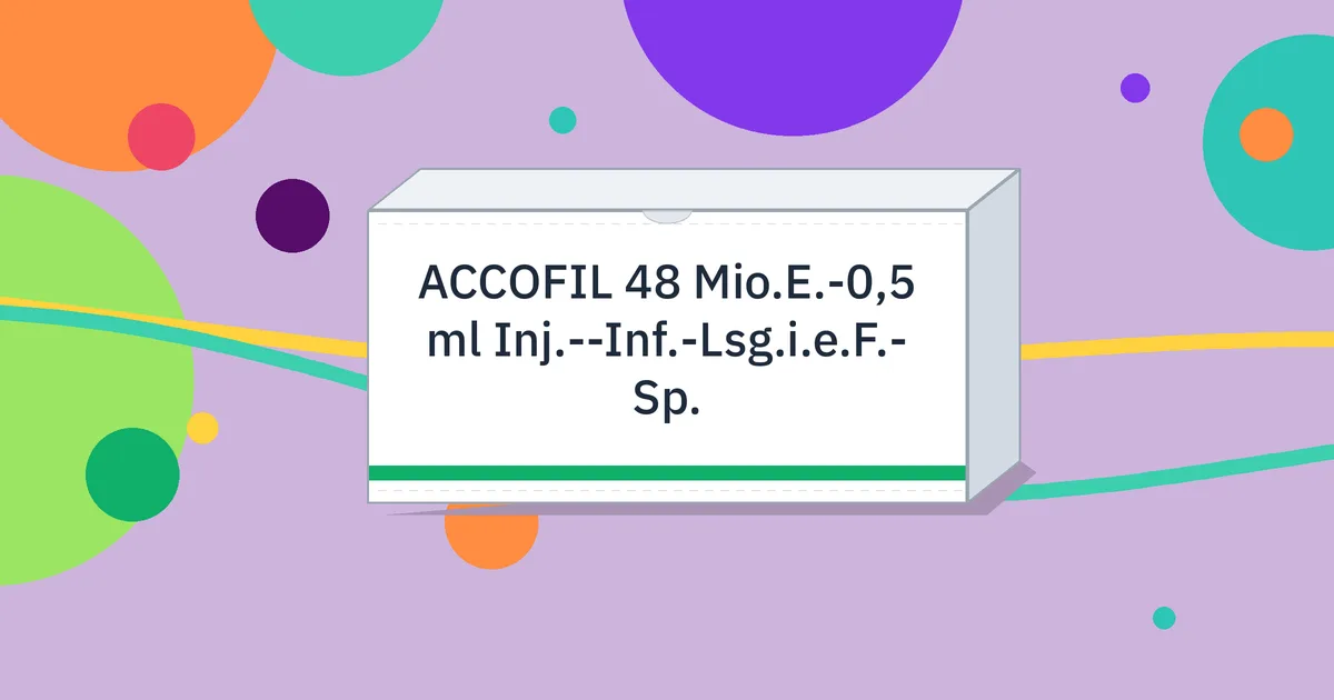 Symbolbild: Packung mit der Aufschrift ACCOFIL 48 Mio.E.-0,5 ml Inj.--Inf.-Lsg.i.e.F.-Sp. (PZN 16884248) – Verfügbarkeit und Bezug in Apotheken in Frankfurt am Main