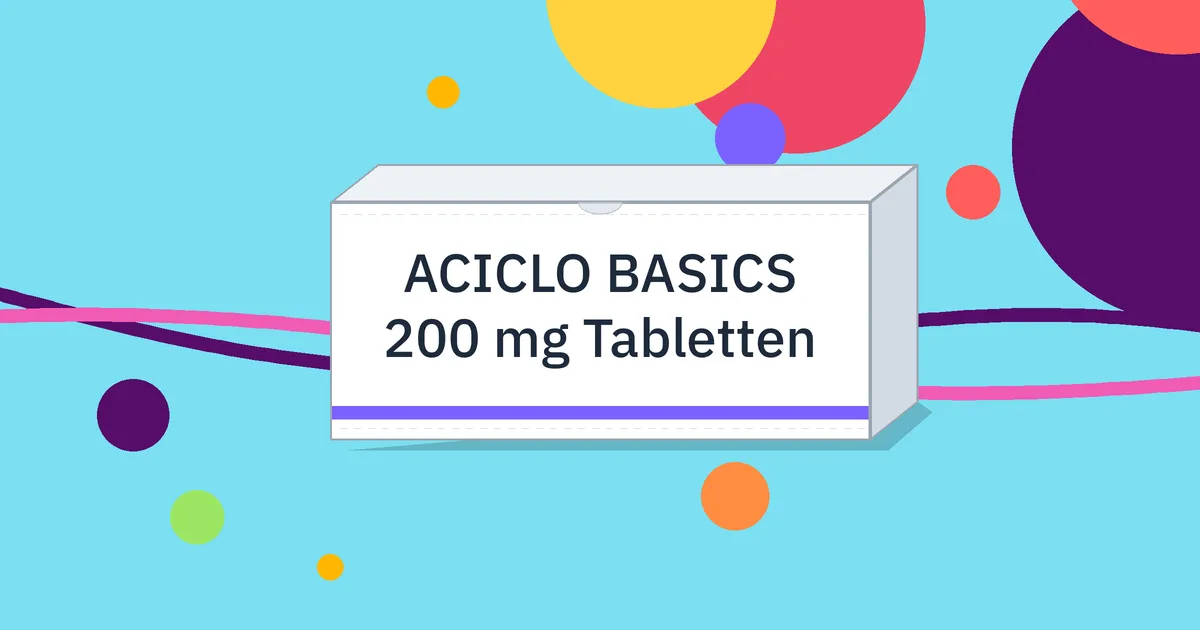 Symbolbild: Packung mit der Aufschrift ACICLO BASICS 200 mg Tabletten (PZN 05520862) – Verfügbarkeit und Bezug in Apotheken in Frankfurt am Main