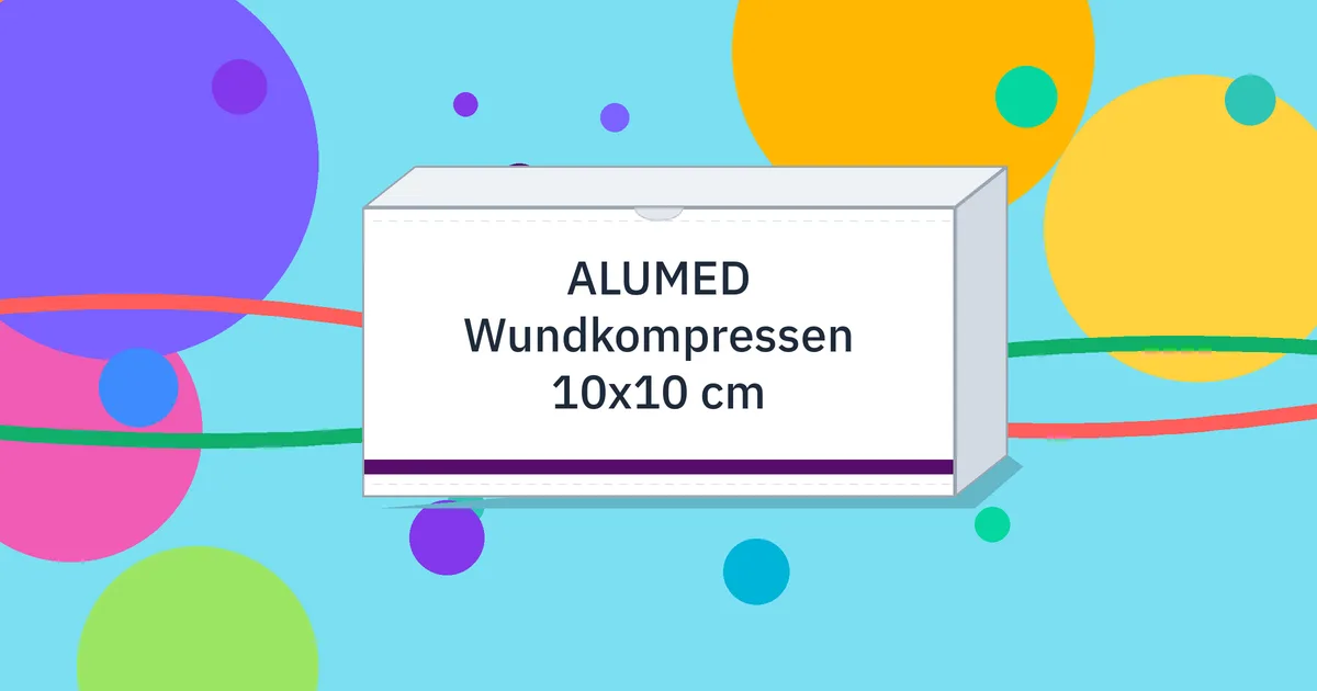 Symbolbild: Packung mit der Aufschrift ALUMED Wundkompressen 10x10 cm (PZN 17558918) – Verfügbarkeit und Bezug in Apotheken in Frankfurt am Main