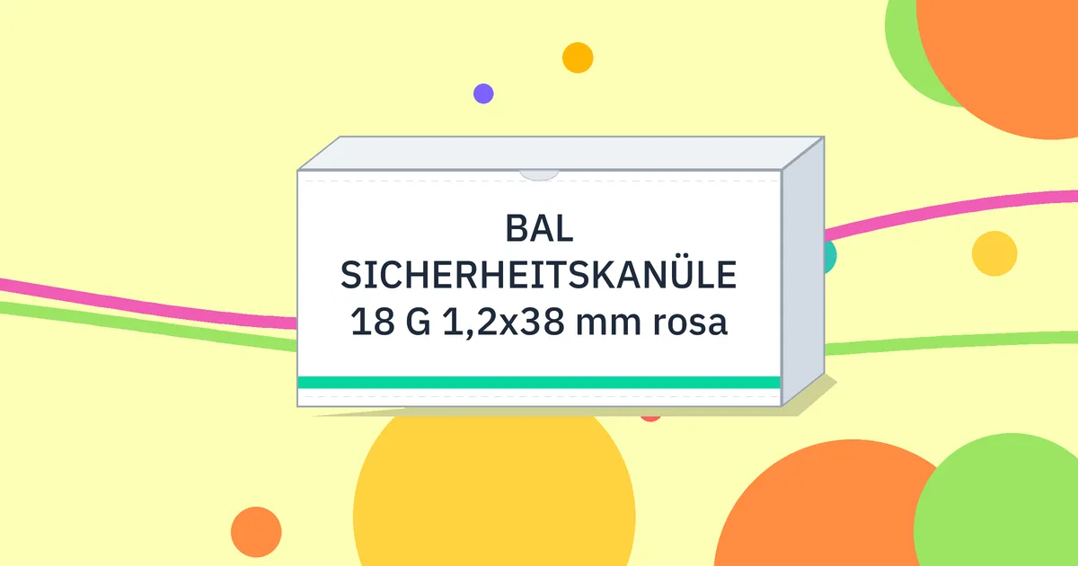Symbolbild: Packung mit der Aufschrift BAL SICHERHEITSKANÜLE 18 G 1,2x38 mm rosa (PZN 19124443) – Verfügbarkeit und Bezug in Apotheken in Frankfurt am Main