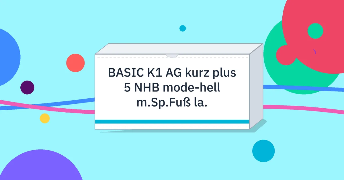 Symbolbild: Packung mit der Aufschrift BASIC K1 AG kurz plus 5 NHB mode-hell m.Sp.Fuß la. (PZN 20261470) – Verfügbarkeit und Bezug in Apotheken in Frankfurt am Main