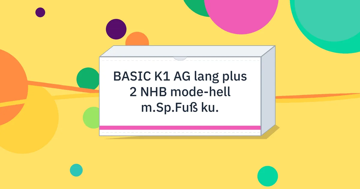 Symbolbild: Packung mit der Aufschrift BASIC K1 AG lang plus 2 NHB mode-hell m.Sp.Fuß ku. (PZN 20260105) – Verfügbarkeit und Bezug in Apotheken in Frankfurt am Main