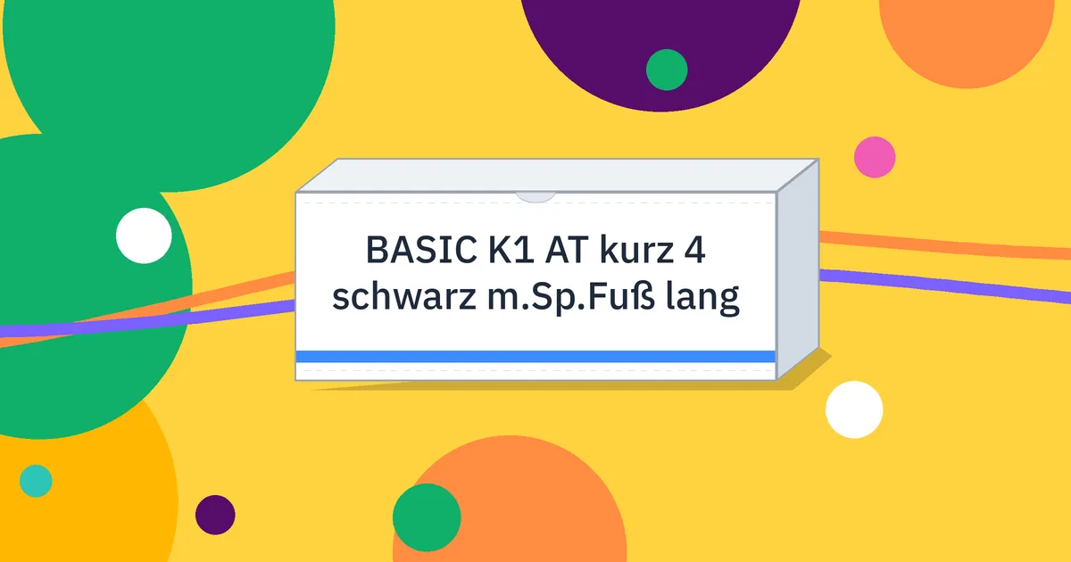 Symbolbild: Packung mit der Aufschrift BASIC K1 AT kurz 4 schwarz m.Sp.Fuß lang (PZN 20262788) – Verfügbarkeit und Bezug in Apotheken in Frankfurt am Main