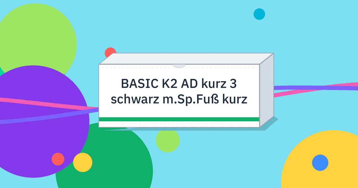 Symbolbild: Packung mit der Aufschrift BASIC K2 AD kurz 3 schwarz m.Sp.Fuß kurz (PZN 20264304) – Verfügbarkeit und Bezug in Apotheken in Frankfurt am Main