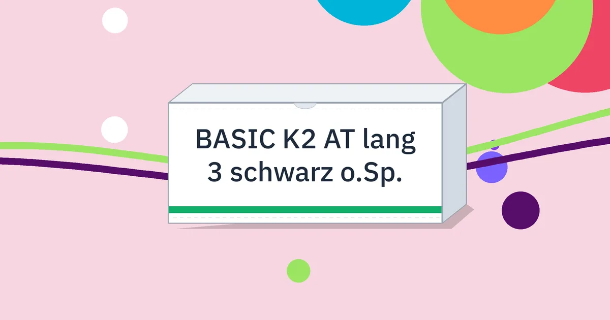 Symbolbild: Packung mit der Aufschrift BASIC K2 AT lang 3 schwarz o.Sp. (PZN 20269106) – Verfügbarkeit und Bezug in Apotheken in Frankfurt am Main