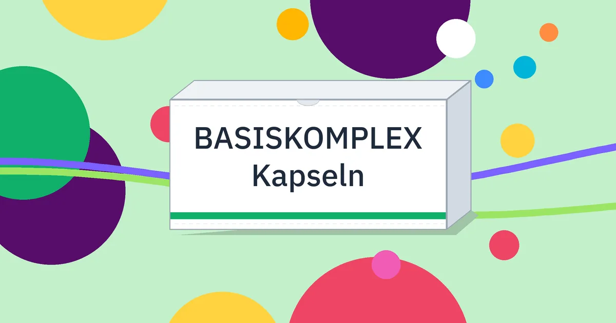 Symbolbild: Packung mit der Aufschrift BASISKOMPLEX Kapseln (PZN 00601975) – Verfügbarkeit und Bezug in Apotheken in Frankfurt am Main