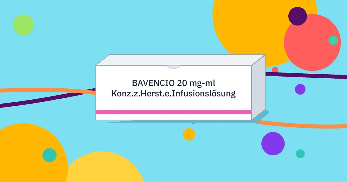 Symbolbild: Packung mit der Aufschrift BAVENCIO 20 mg-ml Konz.z.Herst.e.Infusionslösung (PZN 19080272) – Verfügbarkeit und Bezug in Apotheken in Frankfurt am Main