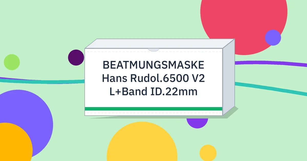 Symbolbild: Packung mit der Aufschrift BEATMUNGSMASKE Hans Rudol.6500 V2 L+Band ID.22mm (PZN 17303377) – Verfügbarkeit und Bezug in Apotheken in Frankfurt am Main