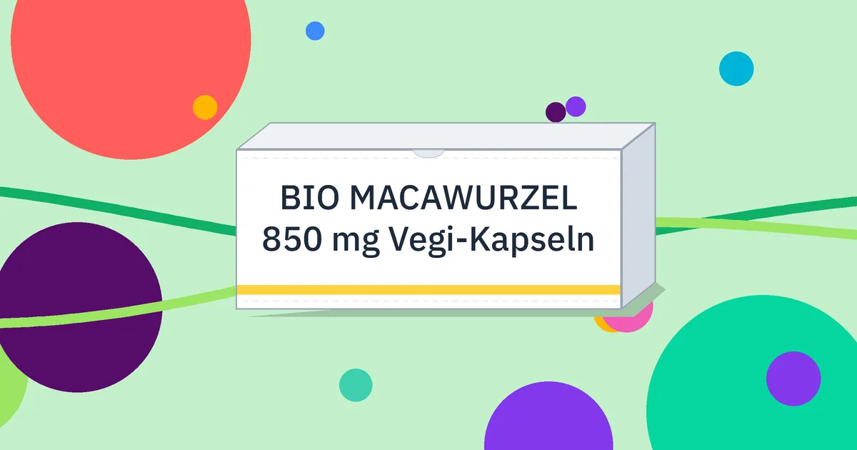 Symbolbild: Packung mit der Aufschrift BIO MACAWURZEL 850 mg Vegi-Kapseln (PZN 16258249) – Verfügbarkeit und Bezug in Apotheken in Frankfurt am Main