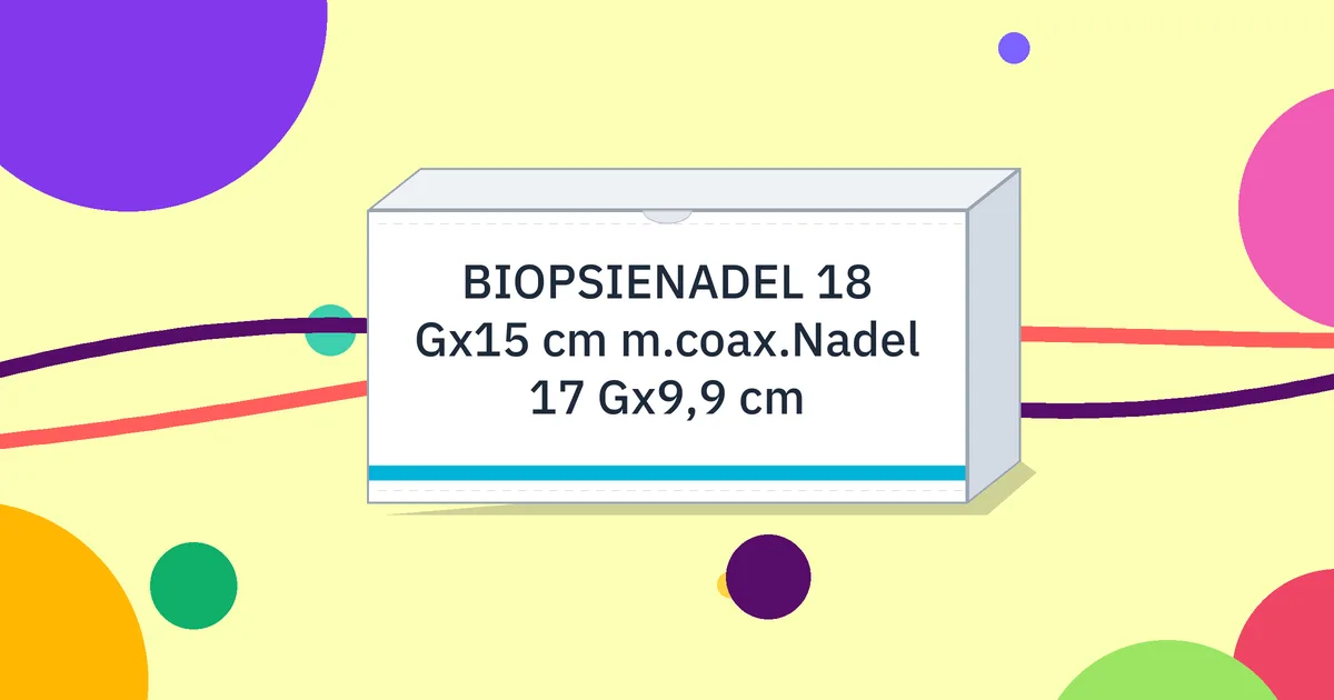Symbolbild: Packung mit der Aufschrift BIOPSIENADEL 18 Gx15 cm m.coax.Nadel 17 Gx9,9 cm (PZN 12570903) – Verfügbarkeit und Bezug in Apotheken in Frankfurt am Main