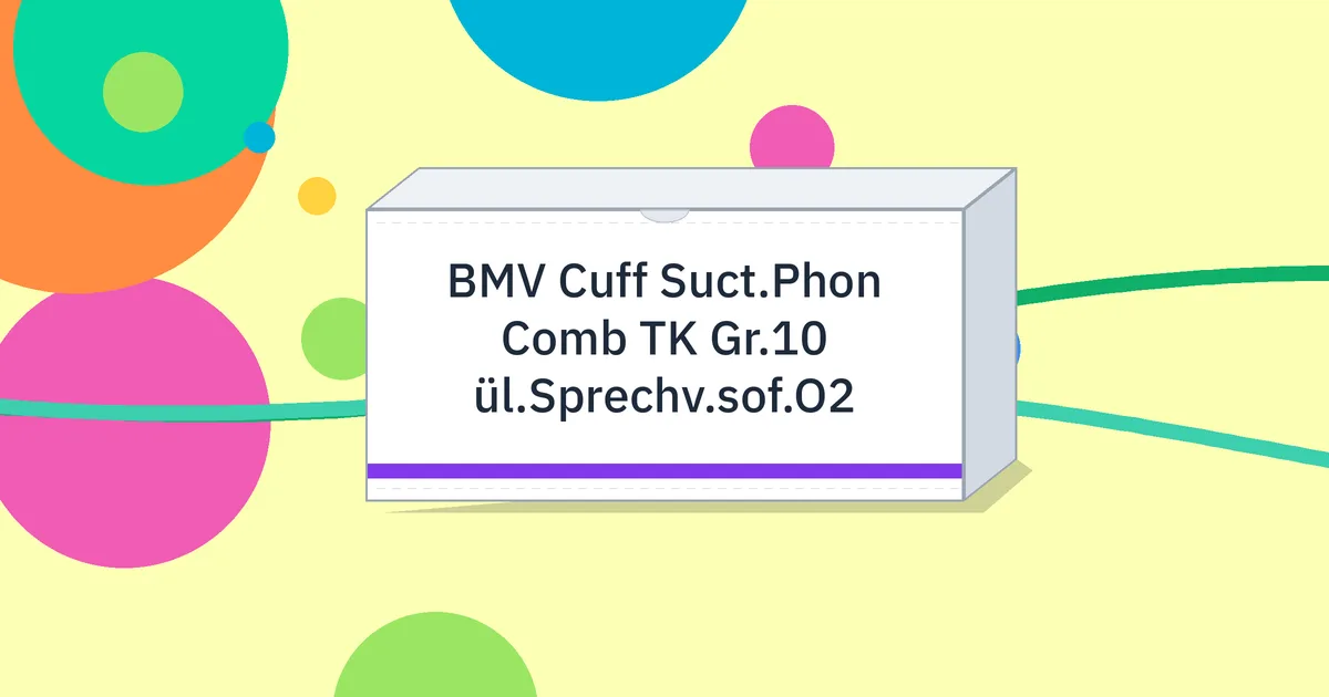 Symbolbild: Packung mit der Aufschrift BMV Cuff Suct.Phon Comb TK Gr.10 ül.Sprechv.sof.O2 (PZN 18384194) – Verfügbarkeit und Bezug in Apotheken in Frankfurt am Main