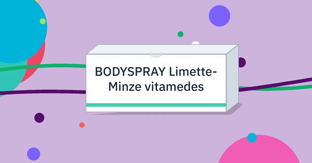 Symbolbild: Packung mit der Aufschrift BODYSPRAY Limette-Minze vitamedes (PZN 19943307) – Verfügbarkeit und Bezug in Apotheken in Frankfurt am Main